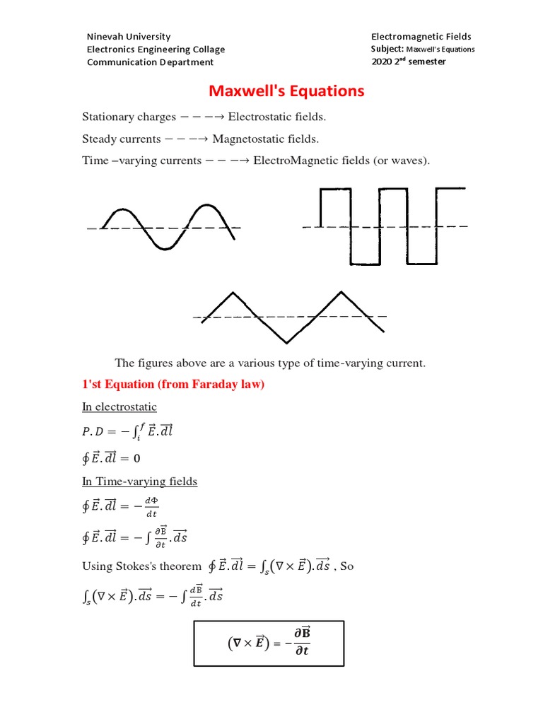 Maxwell's Equations: 1'st Equation (From Faraday Law) | PDF | Maxwell's ...