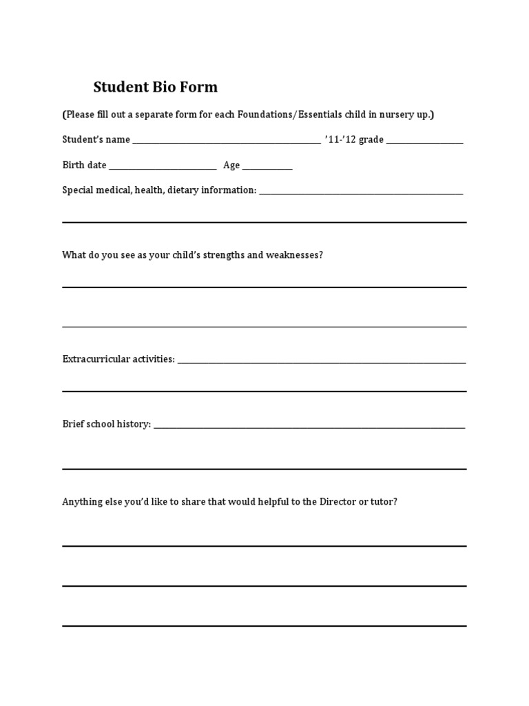 Student Bio Form for Foundations/Essentials | PDF | Wellness