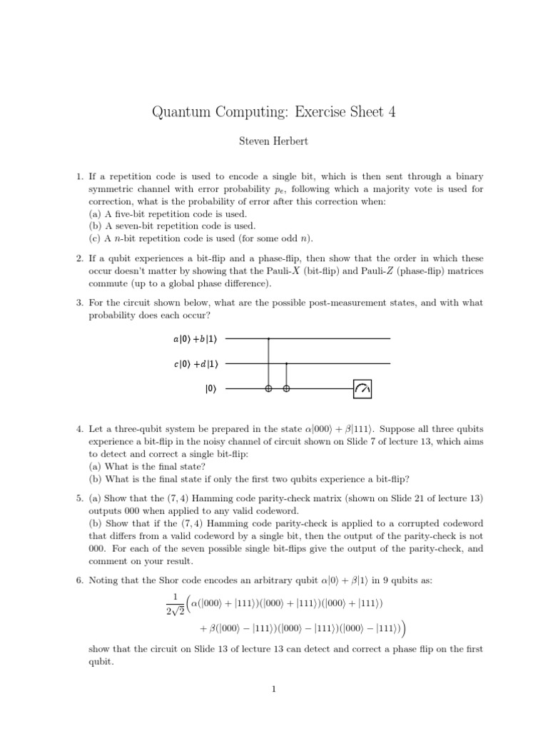 Quantum Computing: Exercise Sheet 4: Steven Herbert | PDF | Cybernetics ...