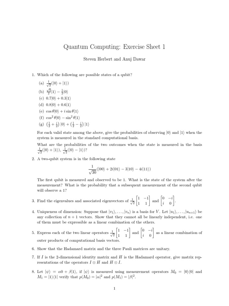 Quantum Computing: Exercise Sheet 1: Steven Herbert and Anuj Dawar ...