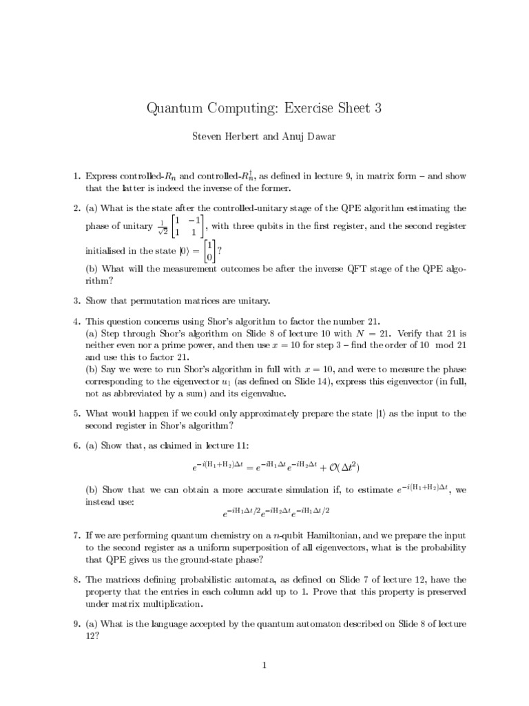 Quantum Computing: Exercise Sheet 3: Steven Herbert and Anuj Dawar ...