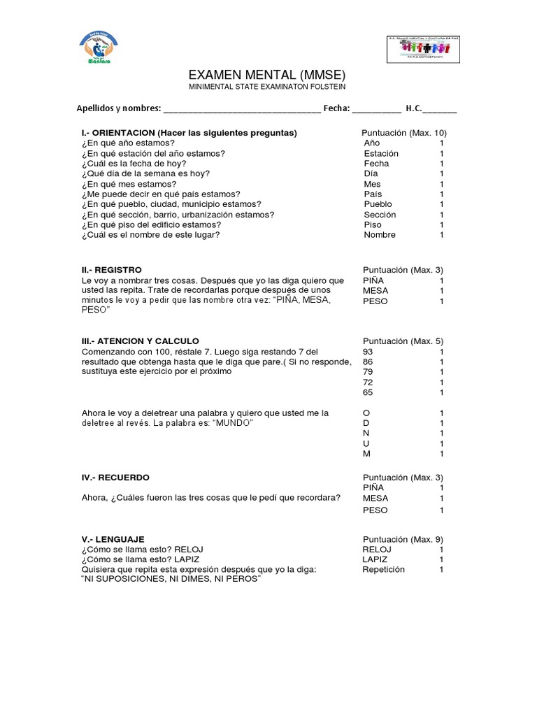 Examen Mental (Mmse) | PDF | Puntuación | Lingüística