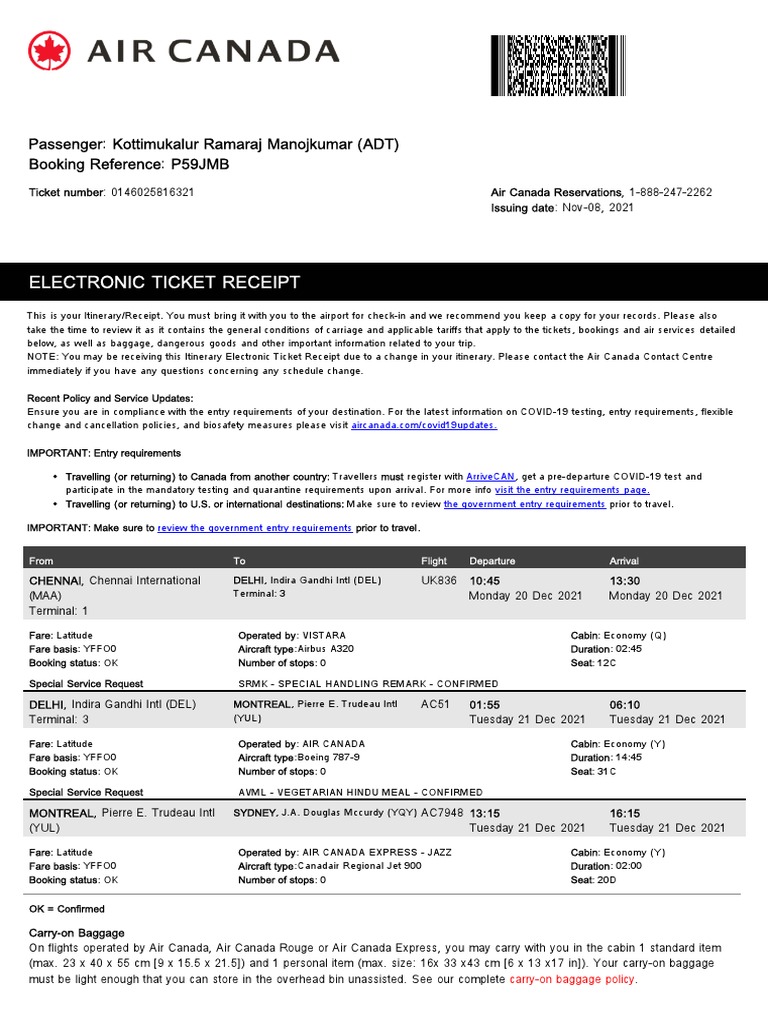 Air Canada Flight E-Ticket | PDF | Airlines | Baggage