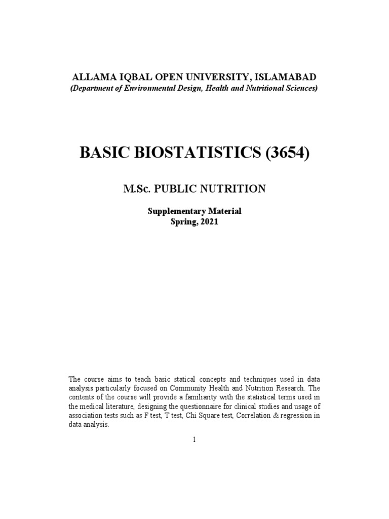 Basic Biostatistics (3654) : M.Sc. Public Nutrition | PDF | Statistics ...