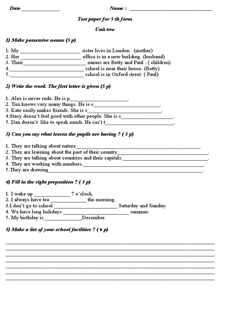 Test Paper 5 TH Grade Unit 2 | PDF | Human Communication | Language ...
