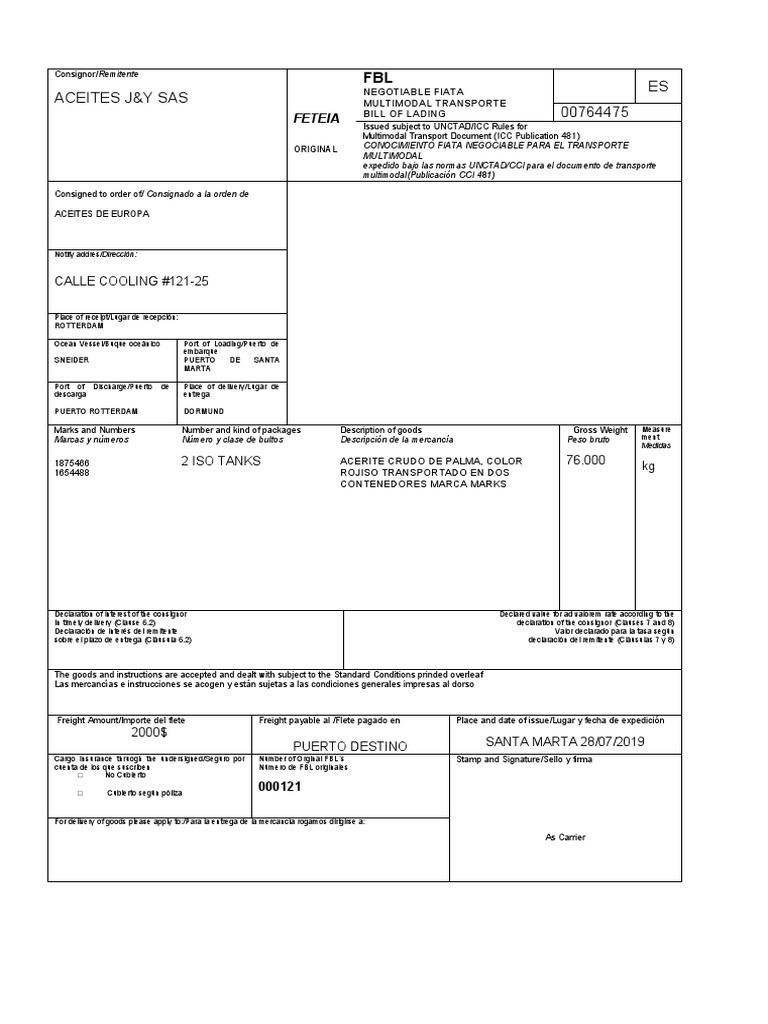 Modelo de Fiata Bill of Lading FBL | PDF | Economias | Procesos de negocio