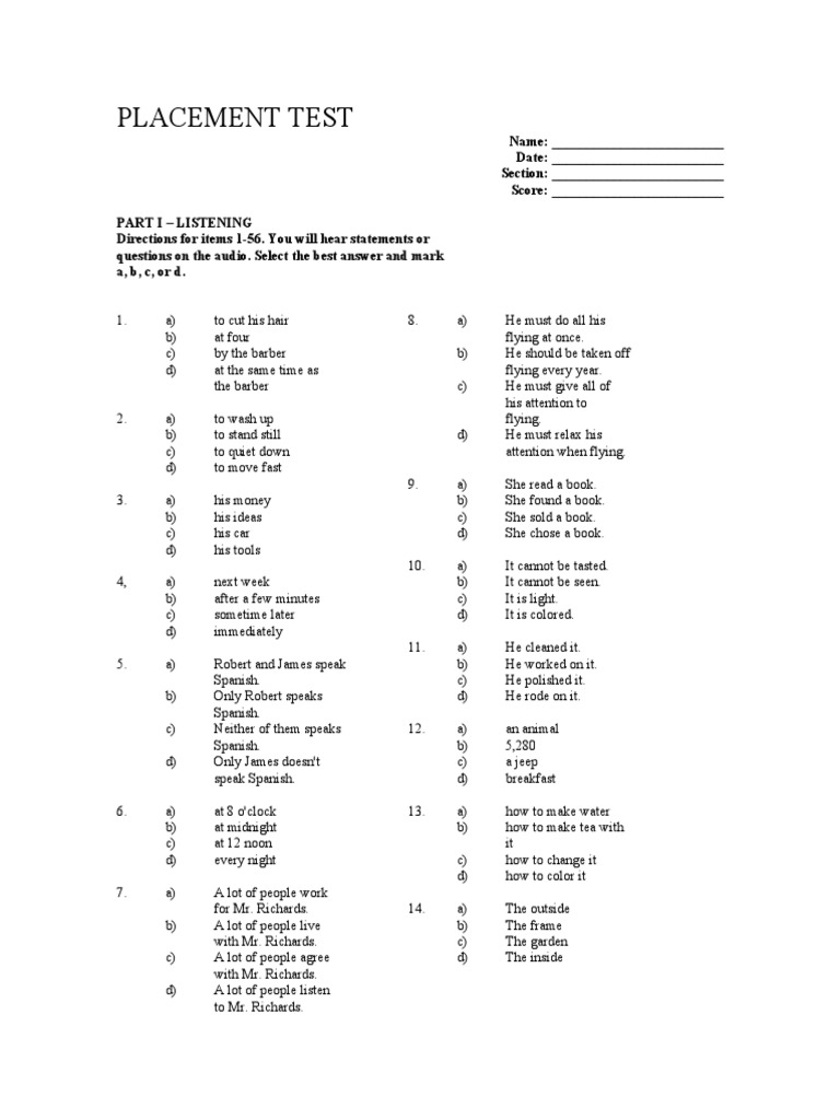 Placement Test #1 | PDF
