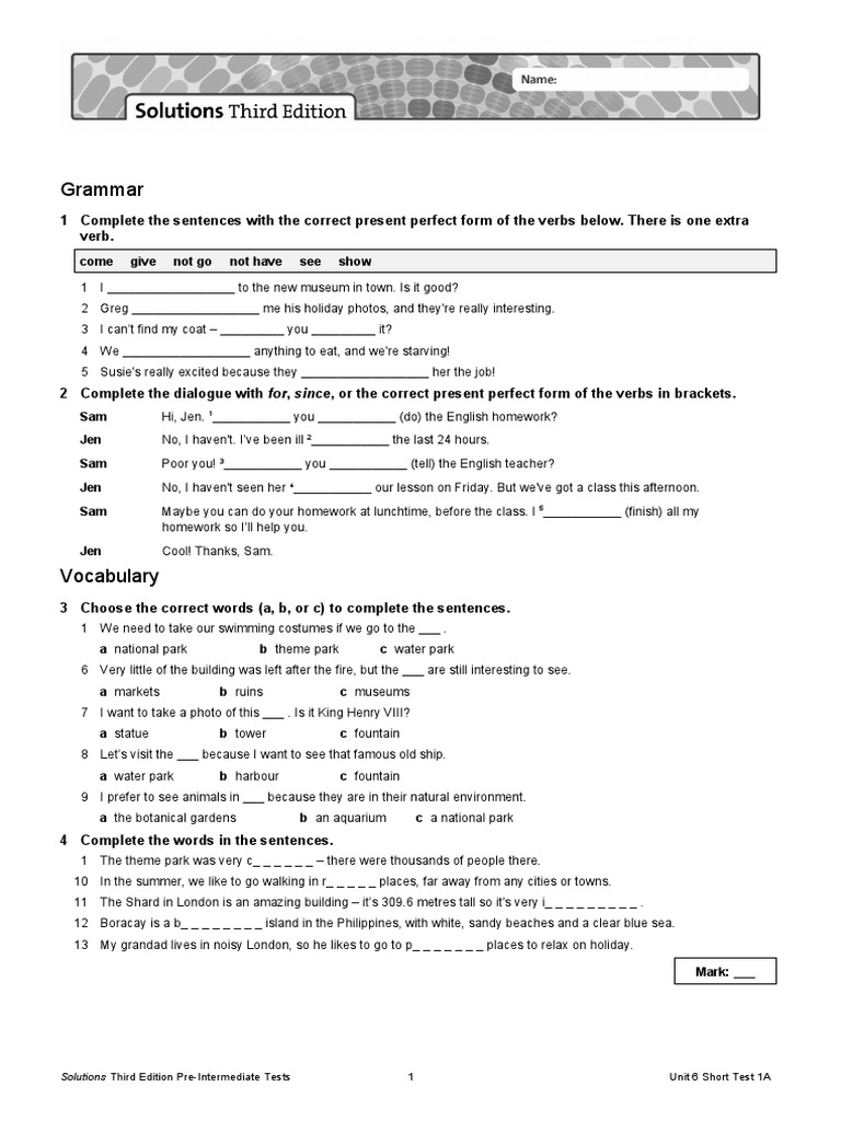 Grammar: Solutions Third Edition Pre-Intermediate Tests | PDF | Linguistics
