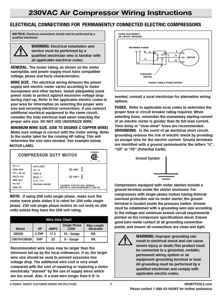 230VAC Air Compressor Wiring Instructions: Electrical Connections For ...