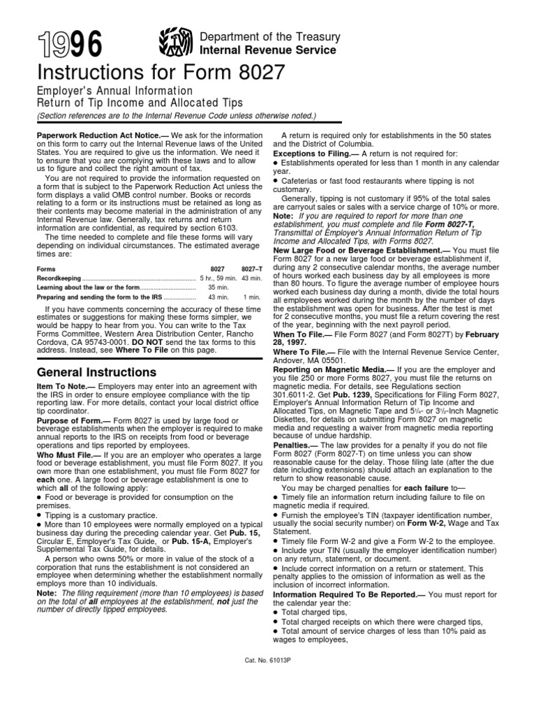 Instructions For Form 8027: Employer's Annual Information Return of Tip ...