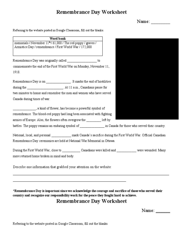 Remembrance Day Worksheet Activities | PDF | Chronology Of War | Warfare