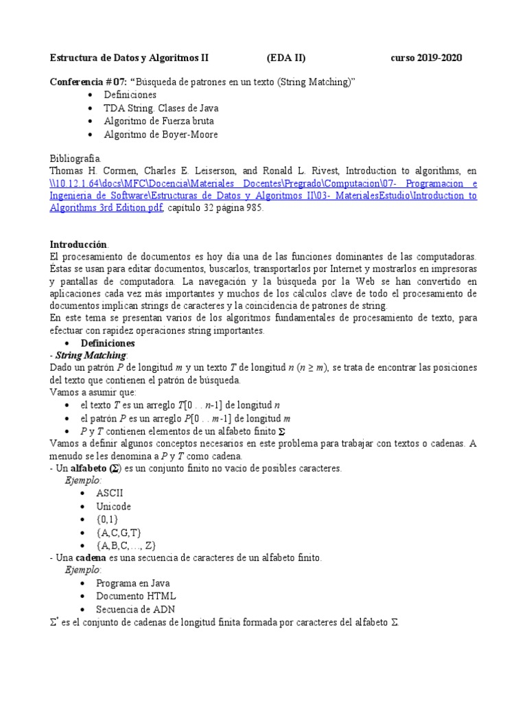 Conferencia 7. String Matching | PDF | Java (lenguaje de programación) | Cadena (informática)