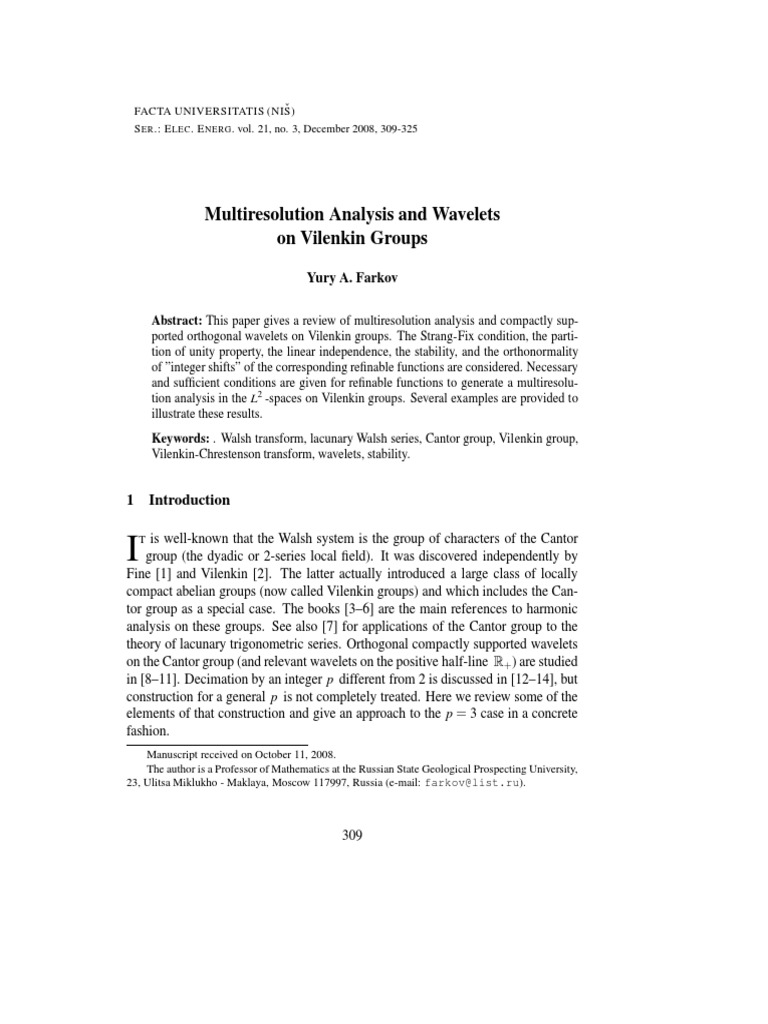 Multiresolution Analysis and Wavelets On Vilenkin Groups: Yury A. Farkov | PDF | Wavelet | Equations