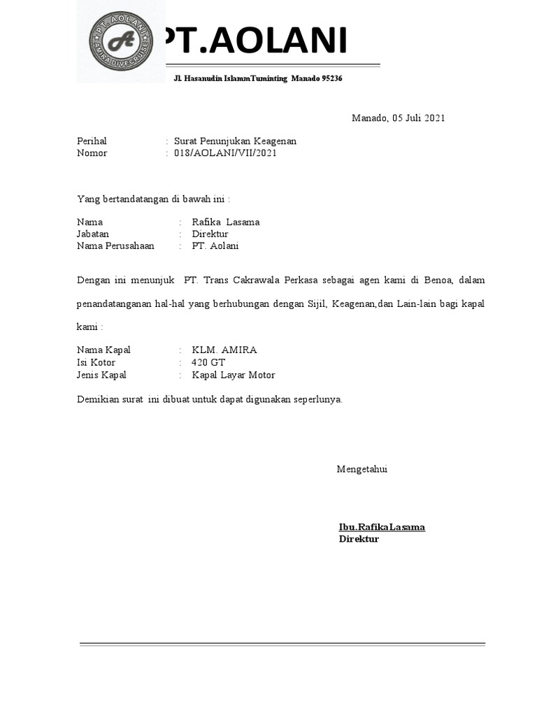 Surat Penunjukan Keagenan Benoa After Docking | PDF