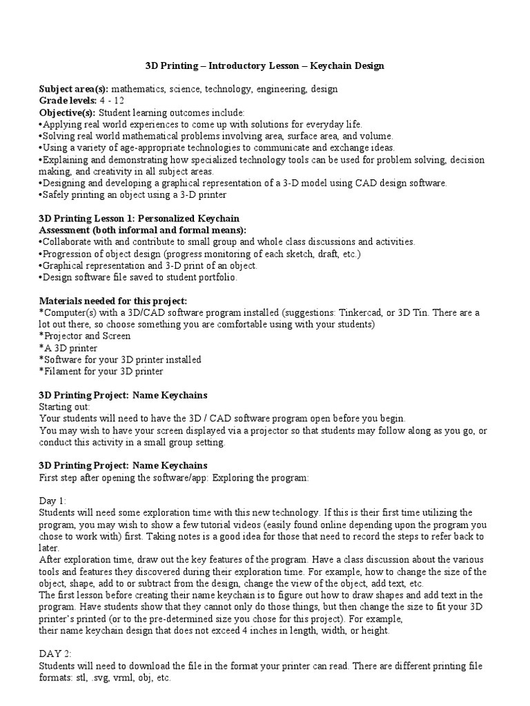 3d Printing - Keychain Lesson Plan | PDF | 3 D Computer Graphics | 3 D ...