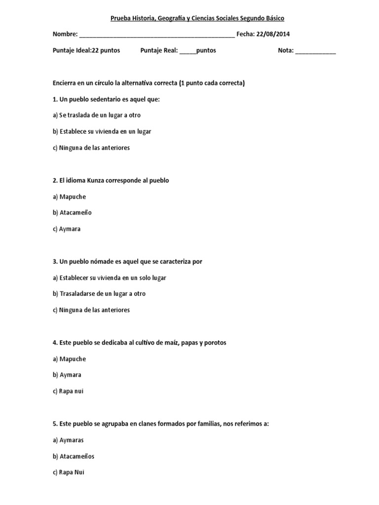 Prueba sobre Pueblos Originarios 2° Básico | PDF | Pueblos Indígenas de ...