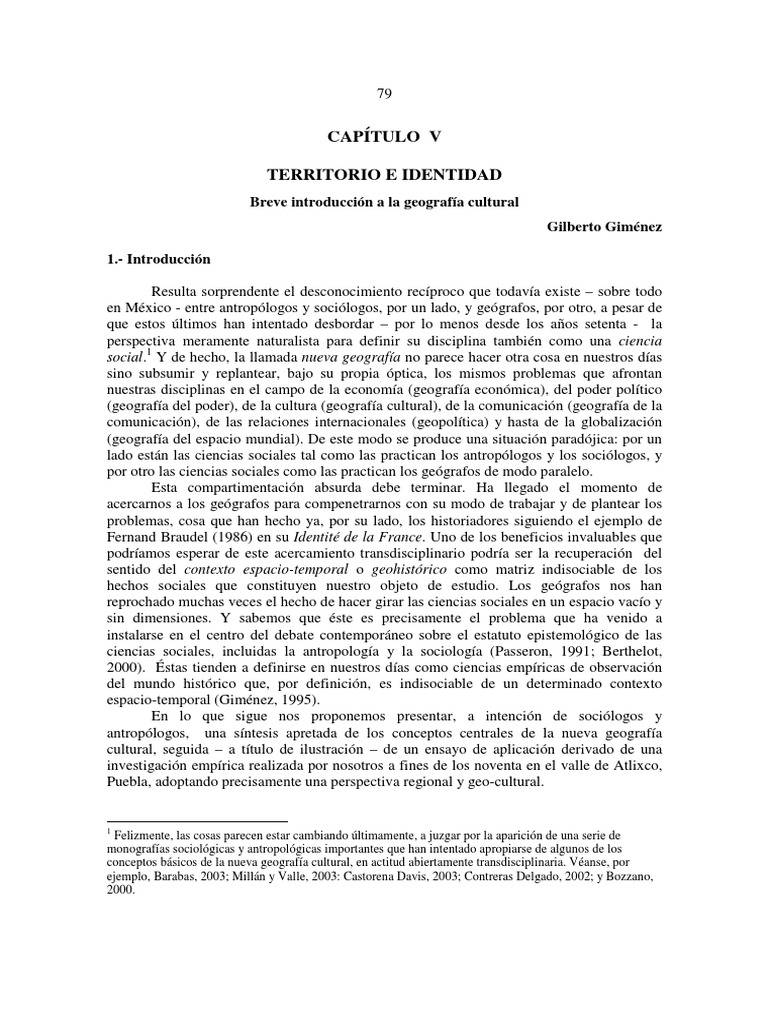 gilbertogTERRITORIO E IDENTIDAD-Breve Introducción A La Geografía Cultural - Gilberto Giménez ...