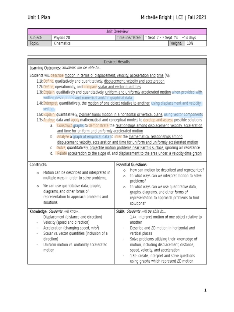 Kinematics Unit Plan for Physics 20 | PDF | Velocity | Acceleration