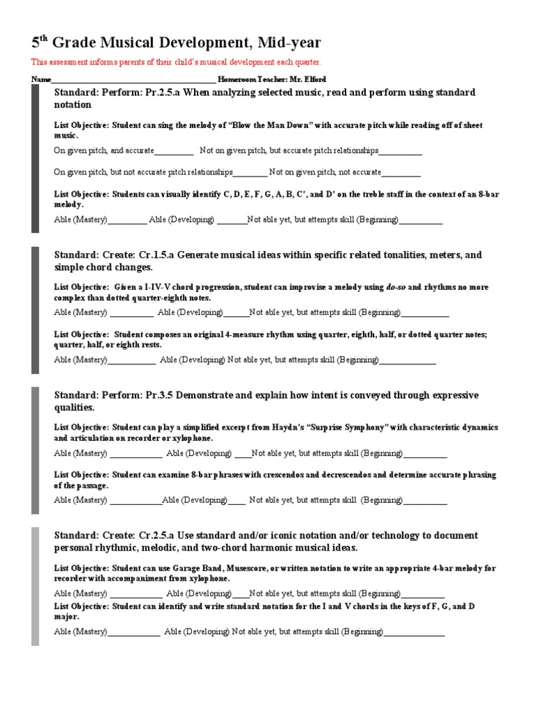 5 Grade Musical Development, Mid-Year: This Assessment Informs Parents ...