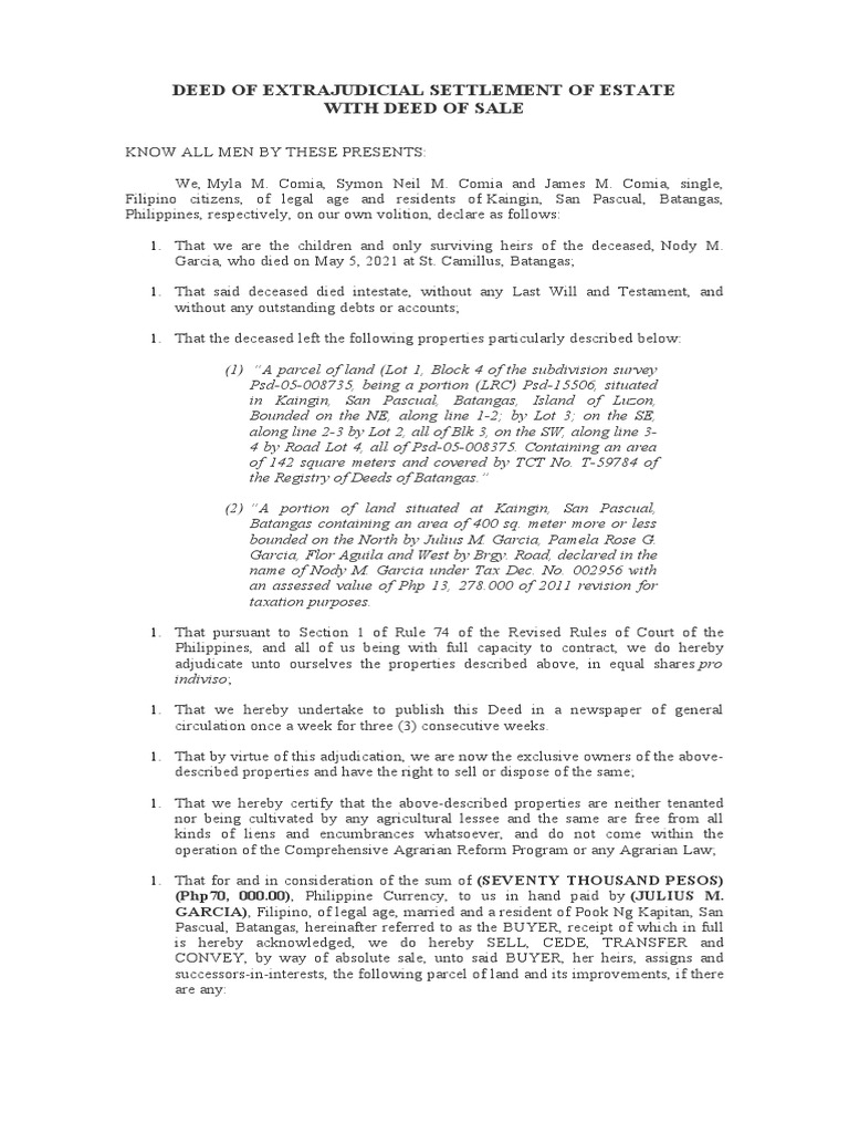 Deed of Extrajudicial Settlement of Estate | PDF | Land Lot | Common Law