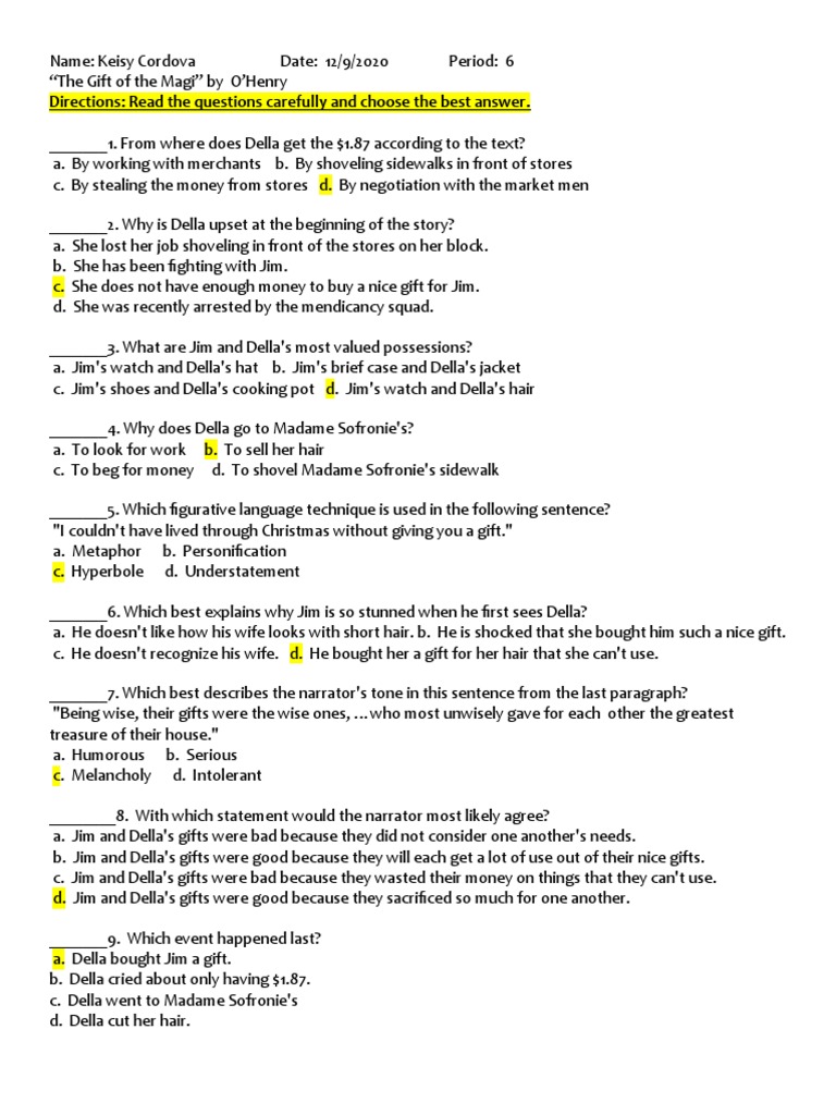 Analyzing 'The Gift of the Magi' Short Story Questions | PDF