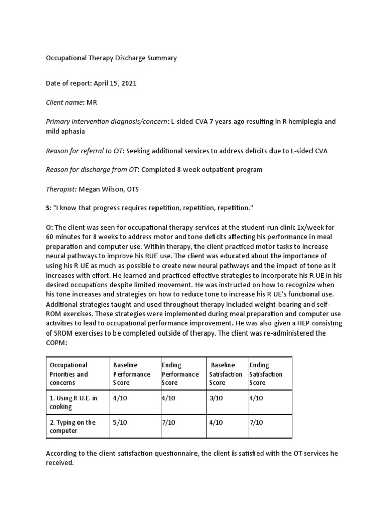 Discharge Note | Download Free PDF | Occupational Therapy | Medical ...