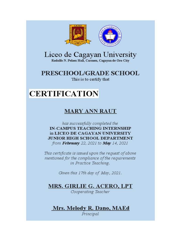 Certification: Liceo de Cagayan University | PDF