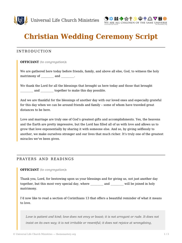 ULC Christian Wedding Script | PDF | Love | Christian Views On Marriage