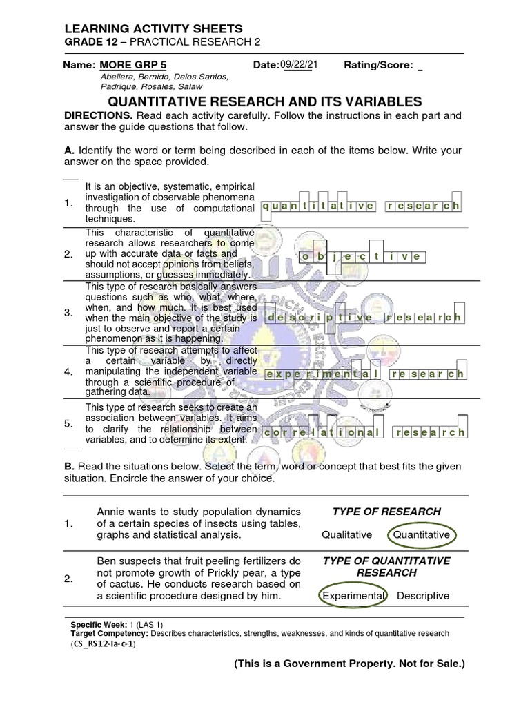 Quantitative Research and Its Variables: Learning Activity Sheets | PDF ...