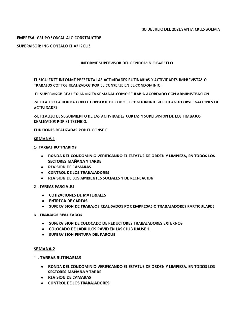 Informe OPERATIVO CONSERJE | PDF