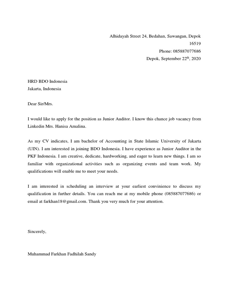 Application Letter BDO Indonesia | PDF