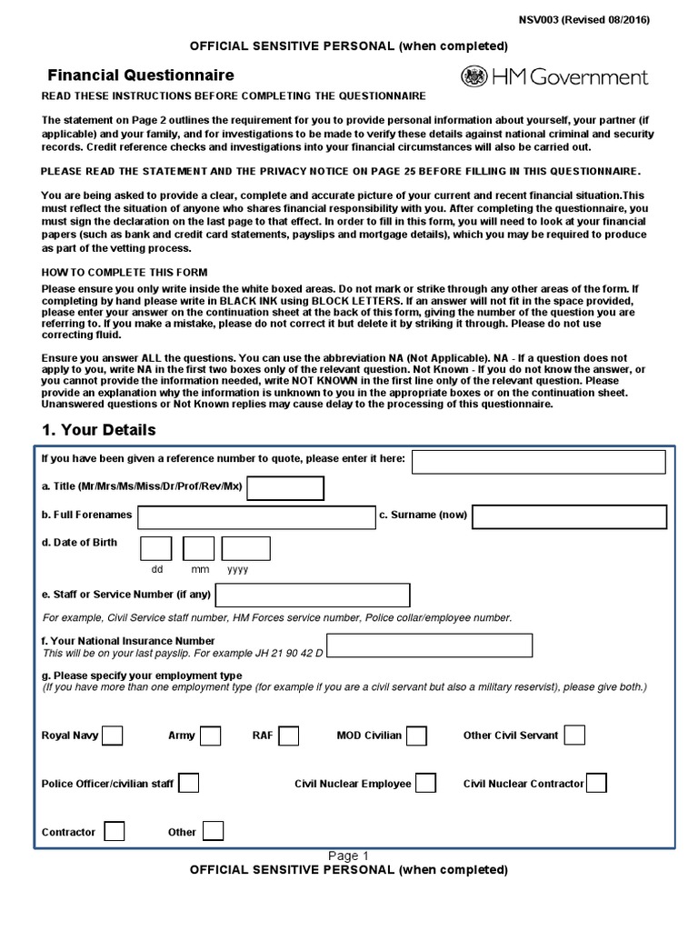Financial Questionnaire: OFFICIAL SENSITIVE PERSONAL (When Completed ...