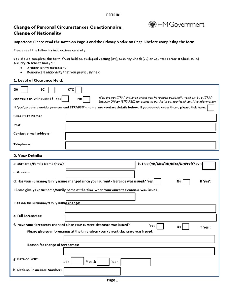 Change of Personal Circumstances Questionnaire: Change of Nationality ...