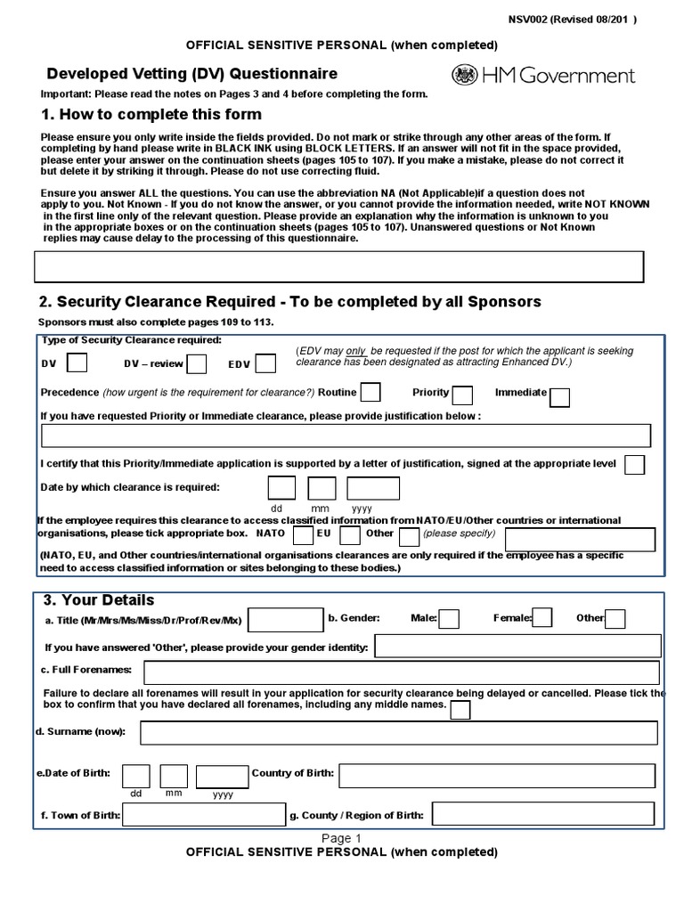 20180515-Form NSV002 v1.1 | PDF | Security Clearance | Government