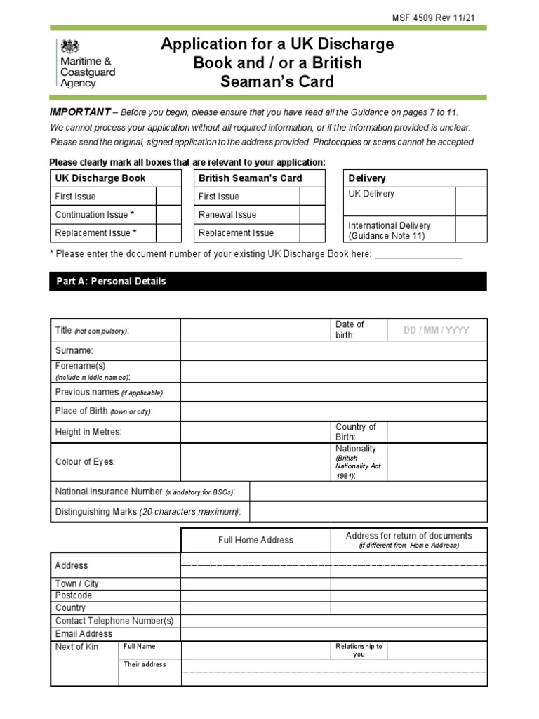 Application For A UK Discharge Book and / or A British Seaman's Card ...