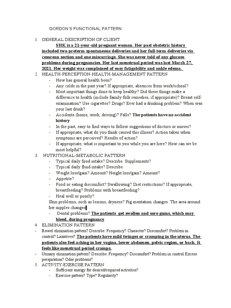 Gordon's Functional Health Pattern | PDF | Pregnancy | Sleep