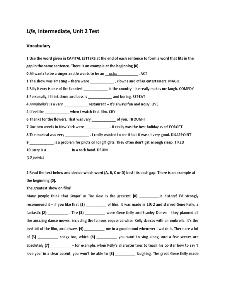Life, Intermediate, Unit 2 Test: Vocabulary | PDF | Dances