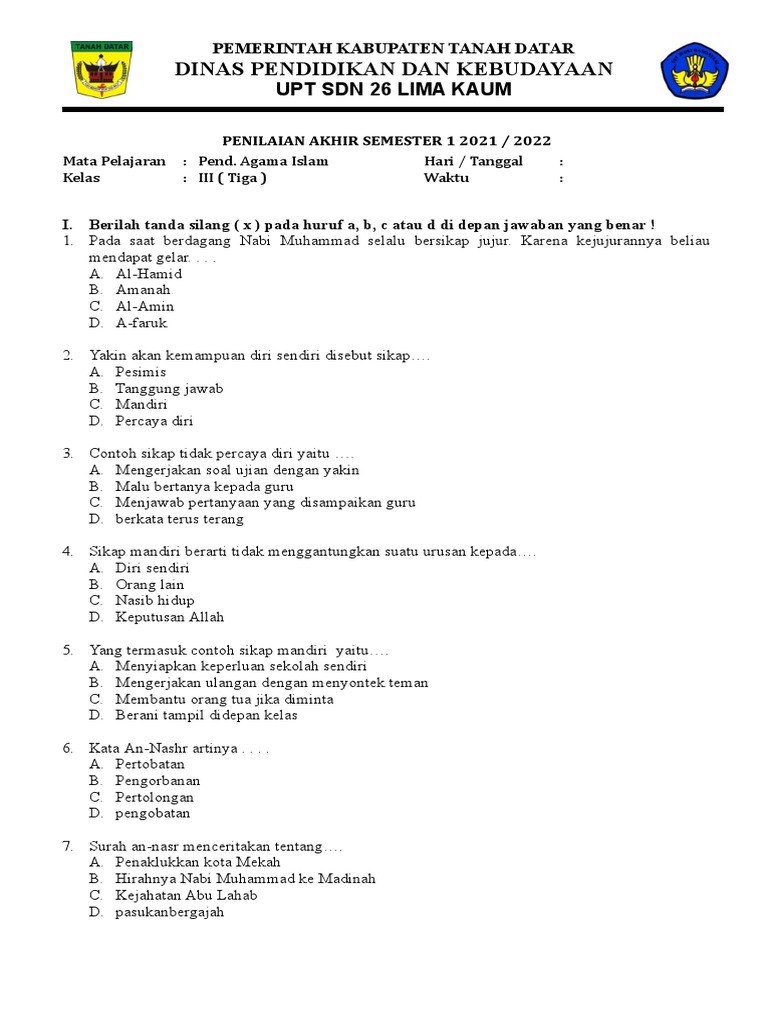 3.soal PAS PAI Kelas 3 SMT 1 TP 2021-2022 Clear | PDF