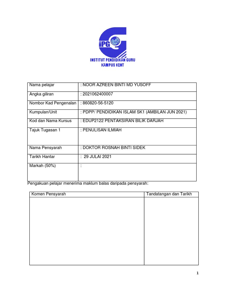 Kerja Kursus Edup2122 - Pai SK 1 - Noor Azreen Binti MD Yusoff | PDF