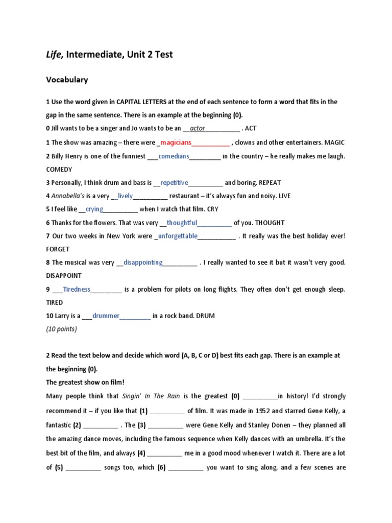 Life, Intermediate, Unit 2 Test: Vocabulary | PDF | Dances