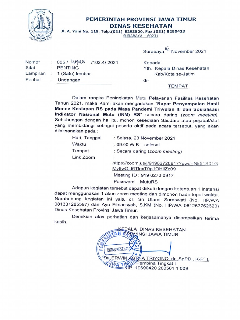 Surat Undangan Dinkes Monev Kesiapan RS Dan INM RS | PDF | Kesehatan ...