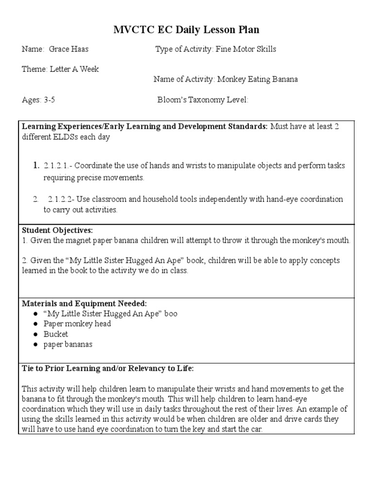 Fine Motor Skills Lesson Plan | Download Free PDF | Lesson Plan ...