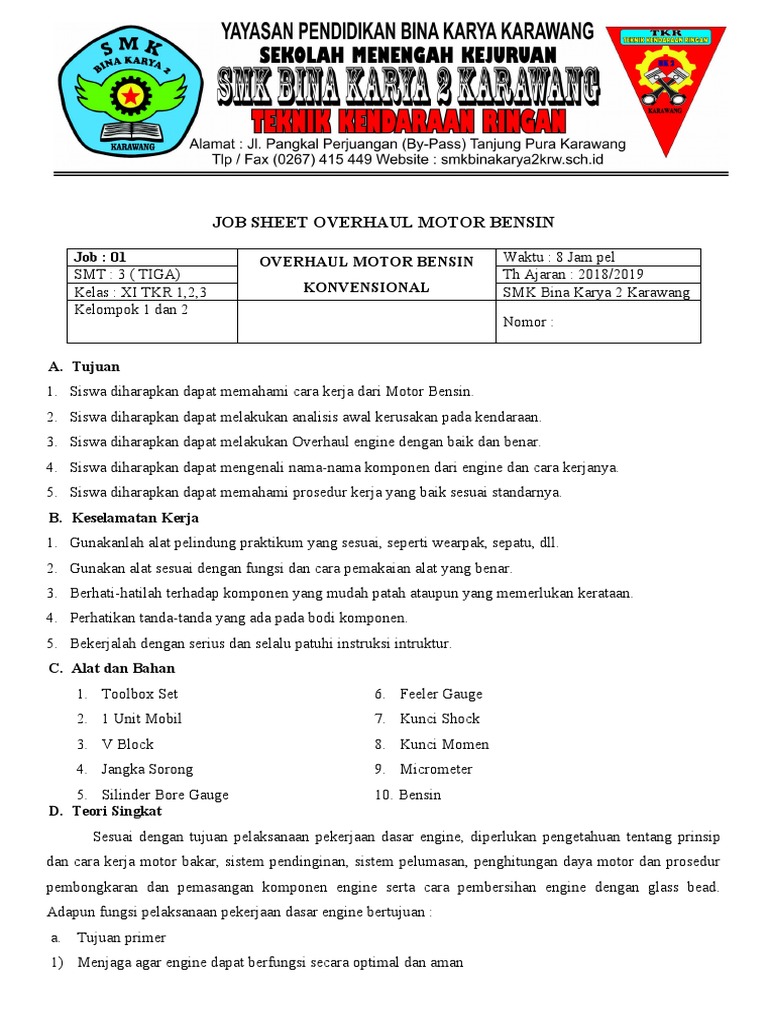 Job Sheet Overhaul Motor Bensin | PDF | Teknologi & Rekayasa