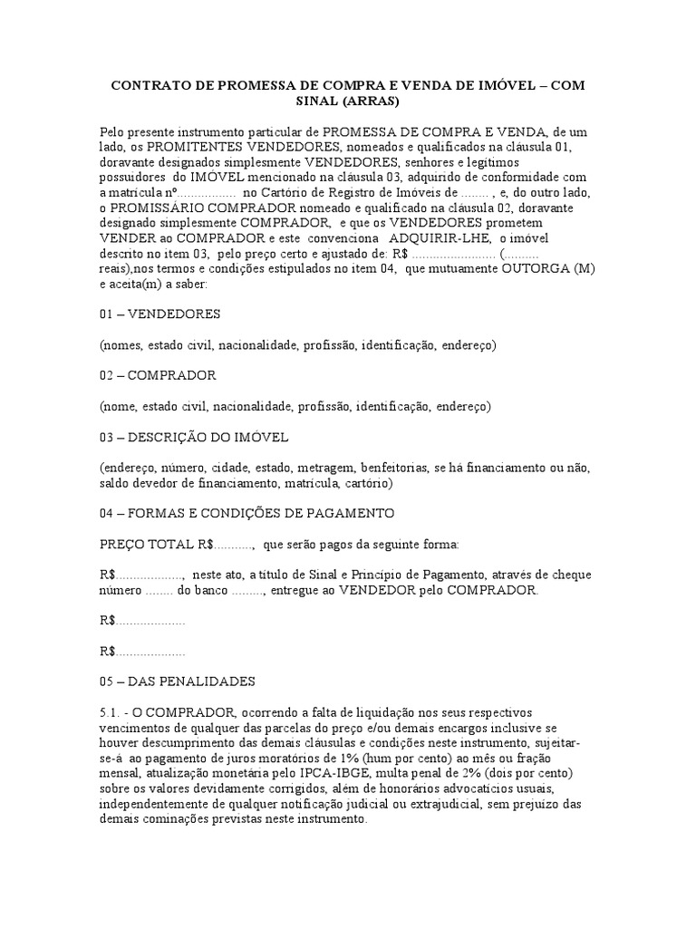 Contrato de Promessa de Compra e Venda de Imóvel | PDF | Economias ...