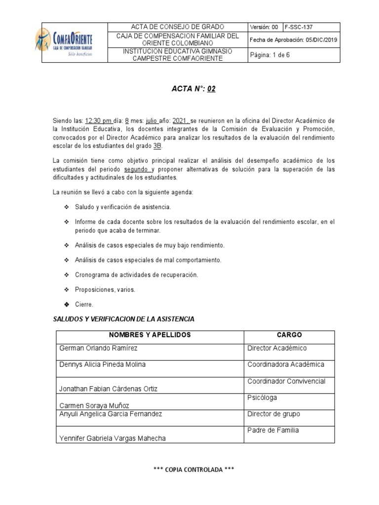 Acta - Segundo Periodo. | PDF