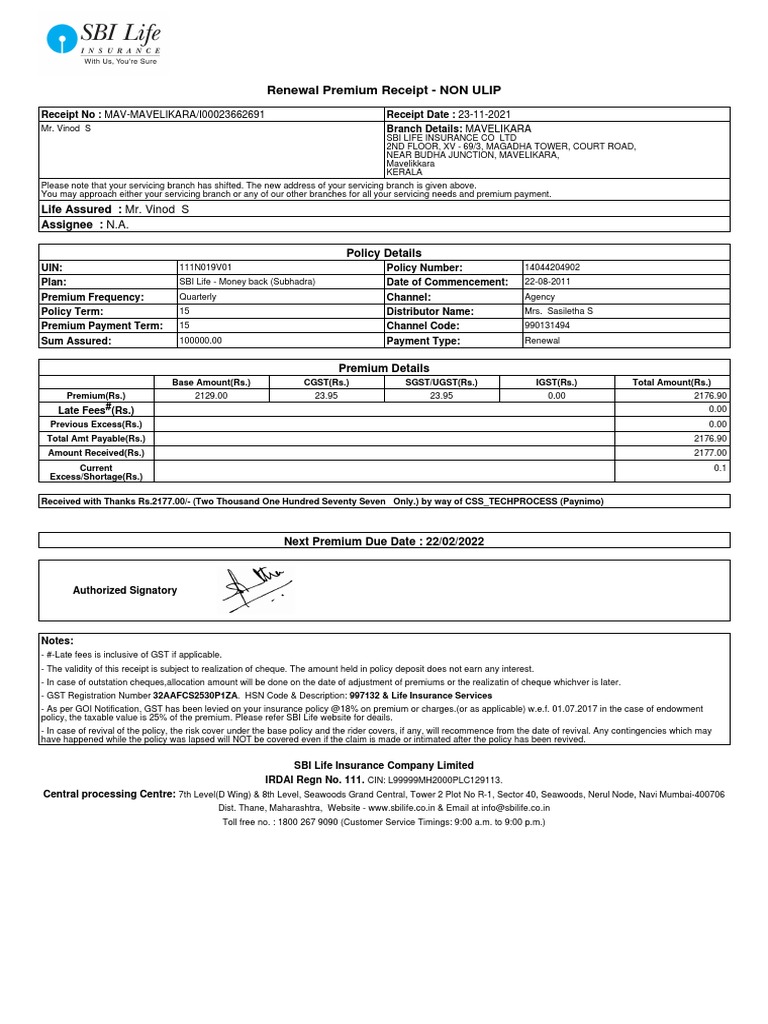 Renewal Premium Receipt - NON ULIP: Life Assured: Mr. Vinod S Assignee ...