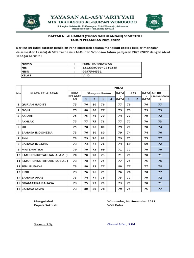 Daftar Nilai Sementara Siswa Pindah Sekolah Terbaru Pdf