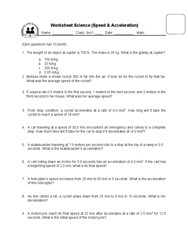 Speed and Acceleration Worksheet | PDF | Acceleration | Speed