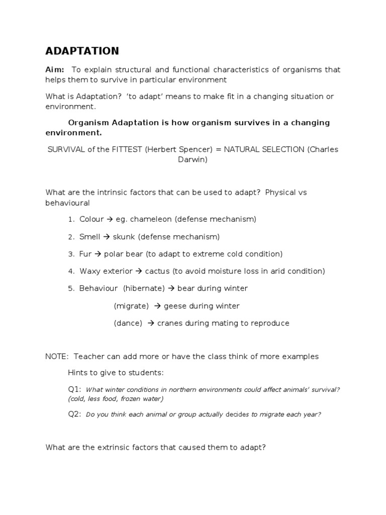 Adaptation: Aim: To Explain Structural and Functional Characteristics ...