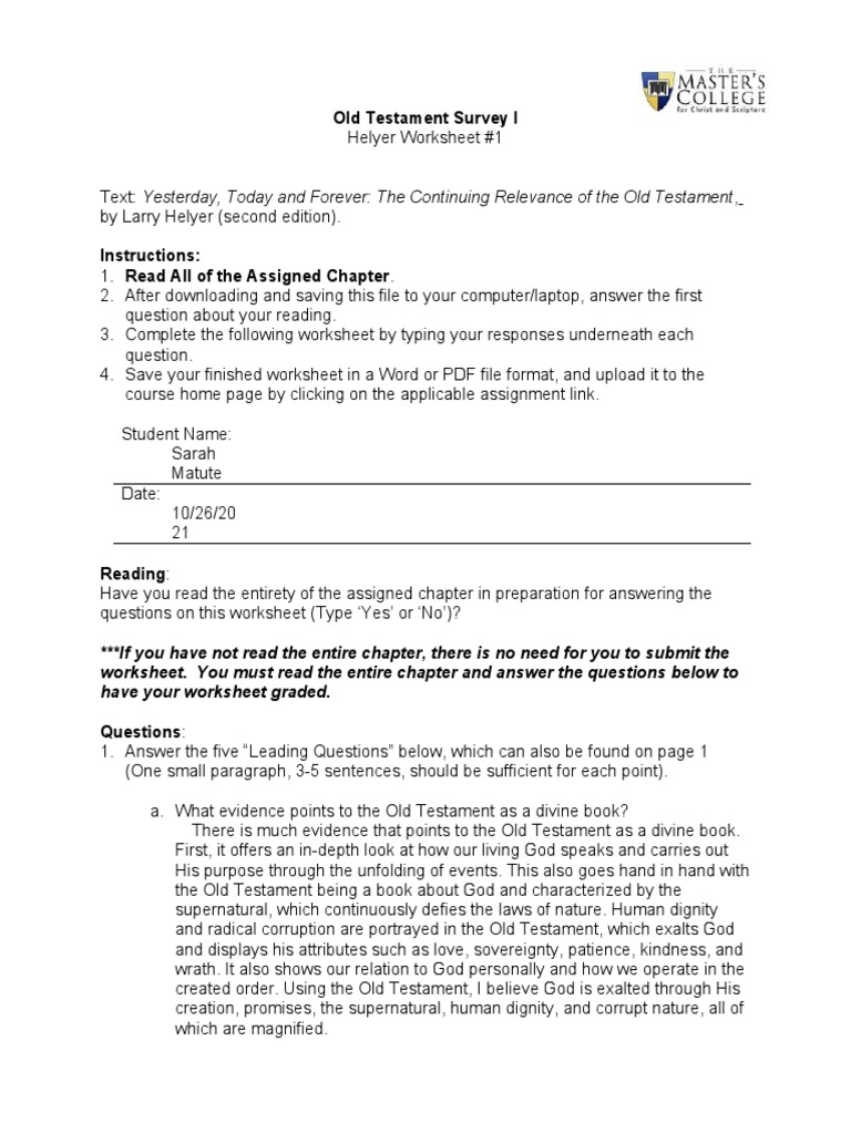 Old Testament Survey I Worksheet | PDF | Jesus | Covenant (Biblical)